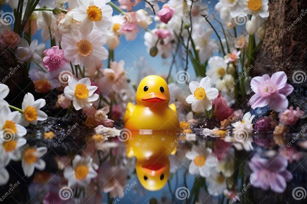 A Rubber Duck in a Puddle, Surrounded by Spring Flowers Stock Image ...