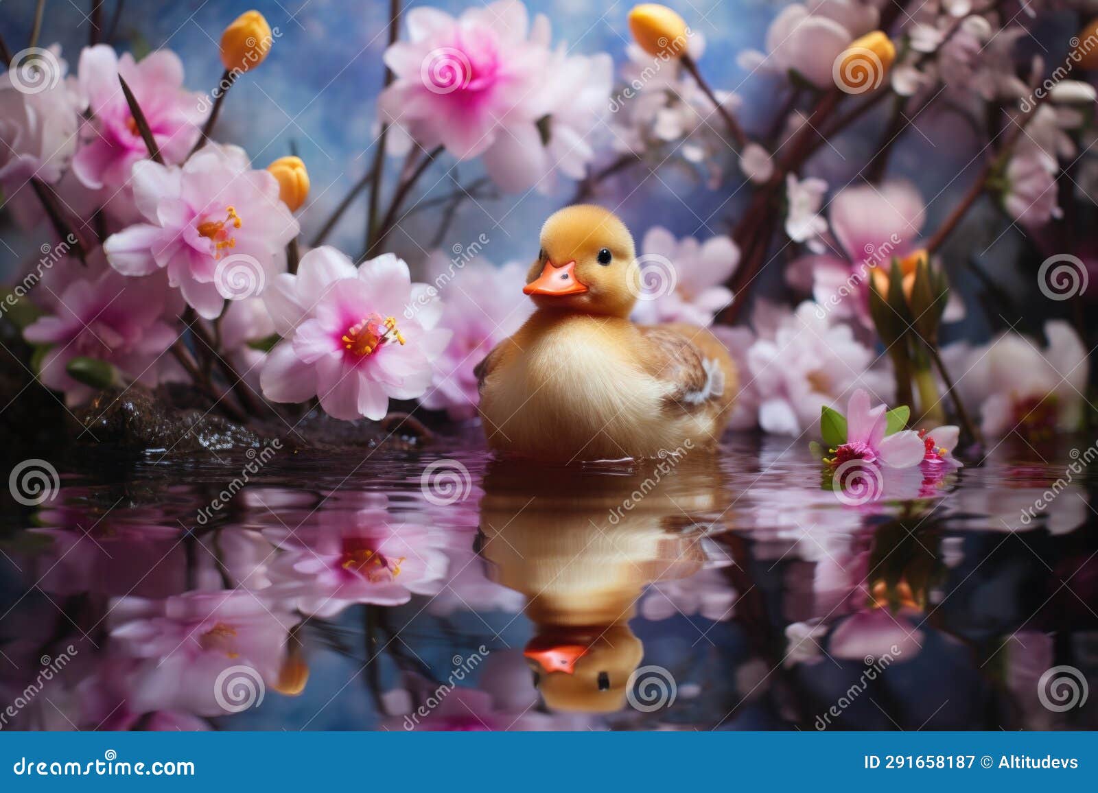 A Rubber Duck in a Puddle, Surrounded by Spring Flowers Stock Image ...
