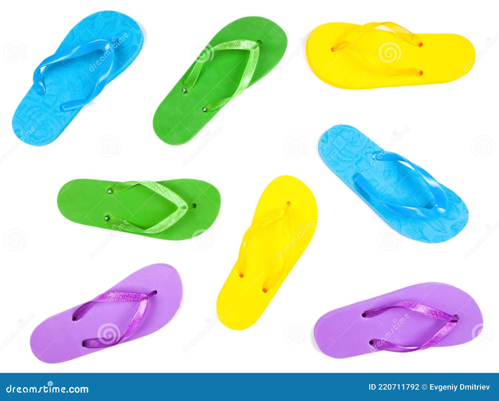 Rubber Flip Flops of Different Colors on a White Background, View from ...