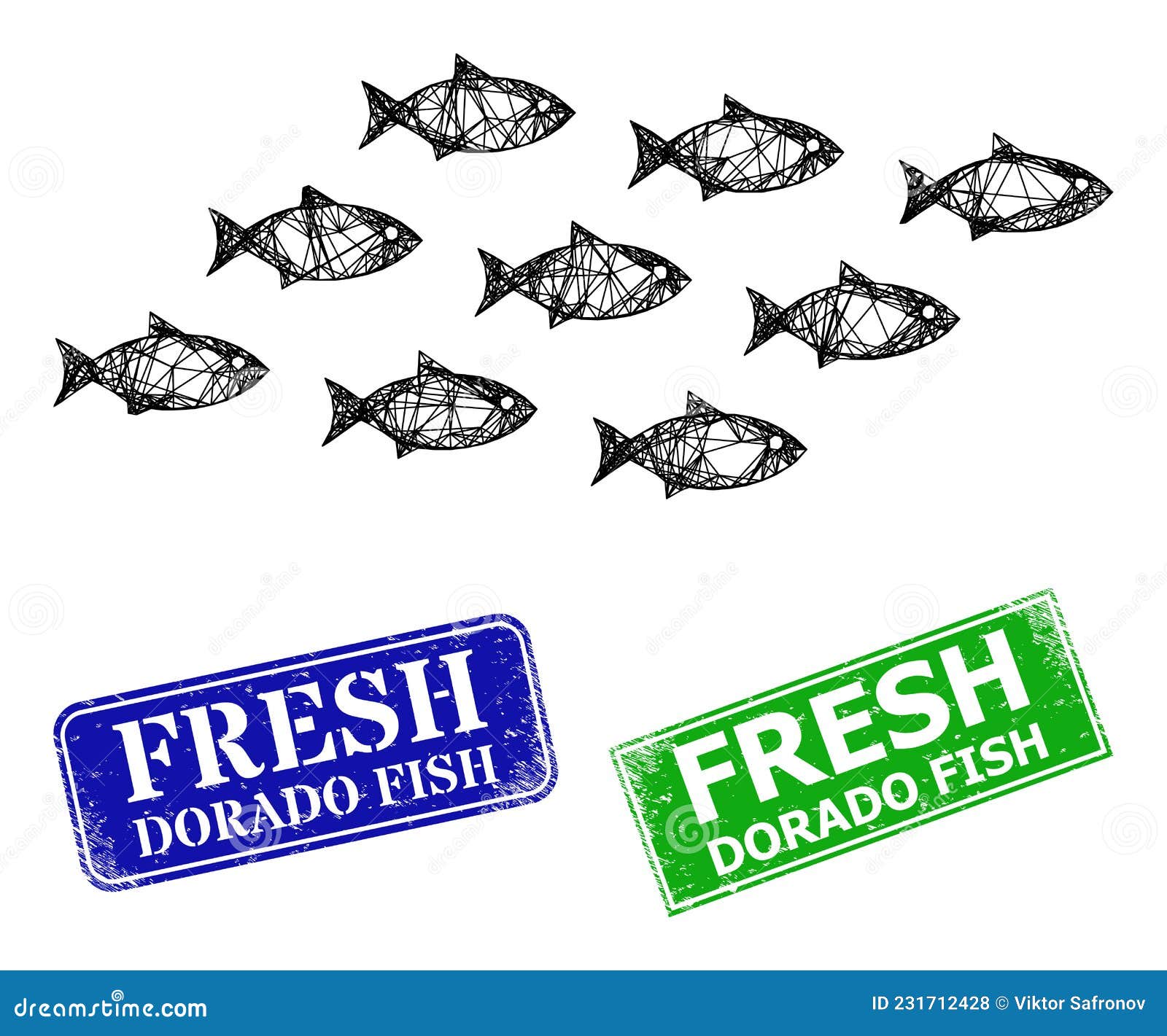 Rubber Fresh Dorado Fish Stamp Seals and Polygonal Mesh School of Fish ...
