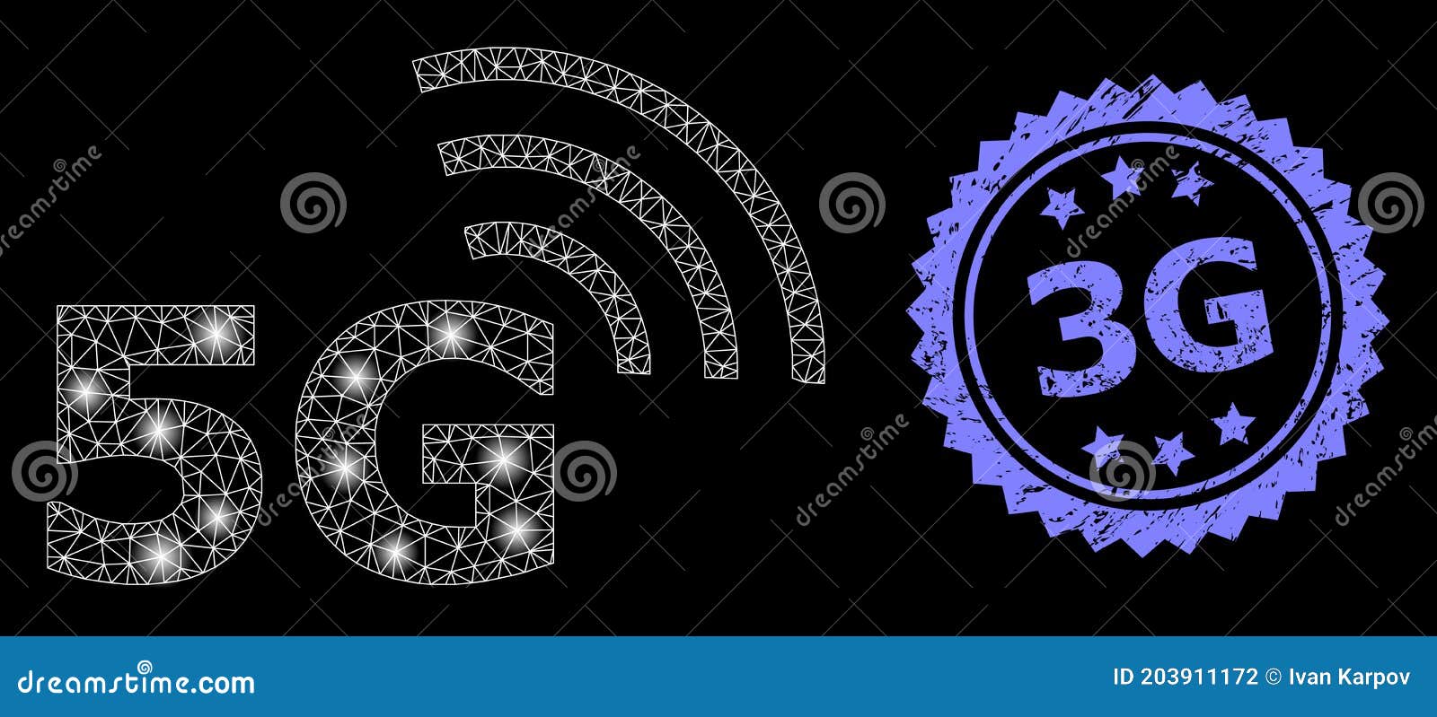 Rubber 3G Stamp and Bright Web Mesh 5G Symbol with Glare Spots Stock ...
