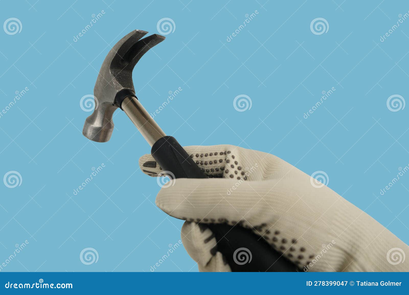 Rubber-handled Hammer With Nail Puller, Round Head For Fine Work In Hand Of Builder In Glove ...