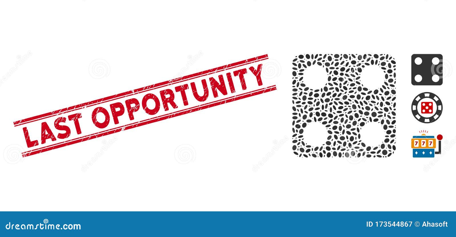 Textured Last Opportunity Line Stamp with Mosaic Dice Icon Stock ...