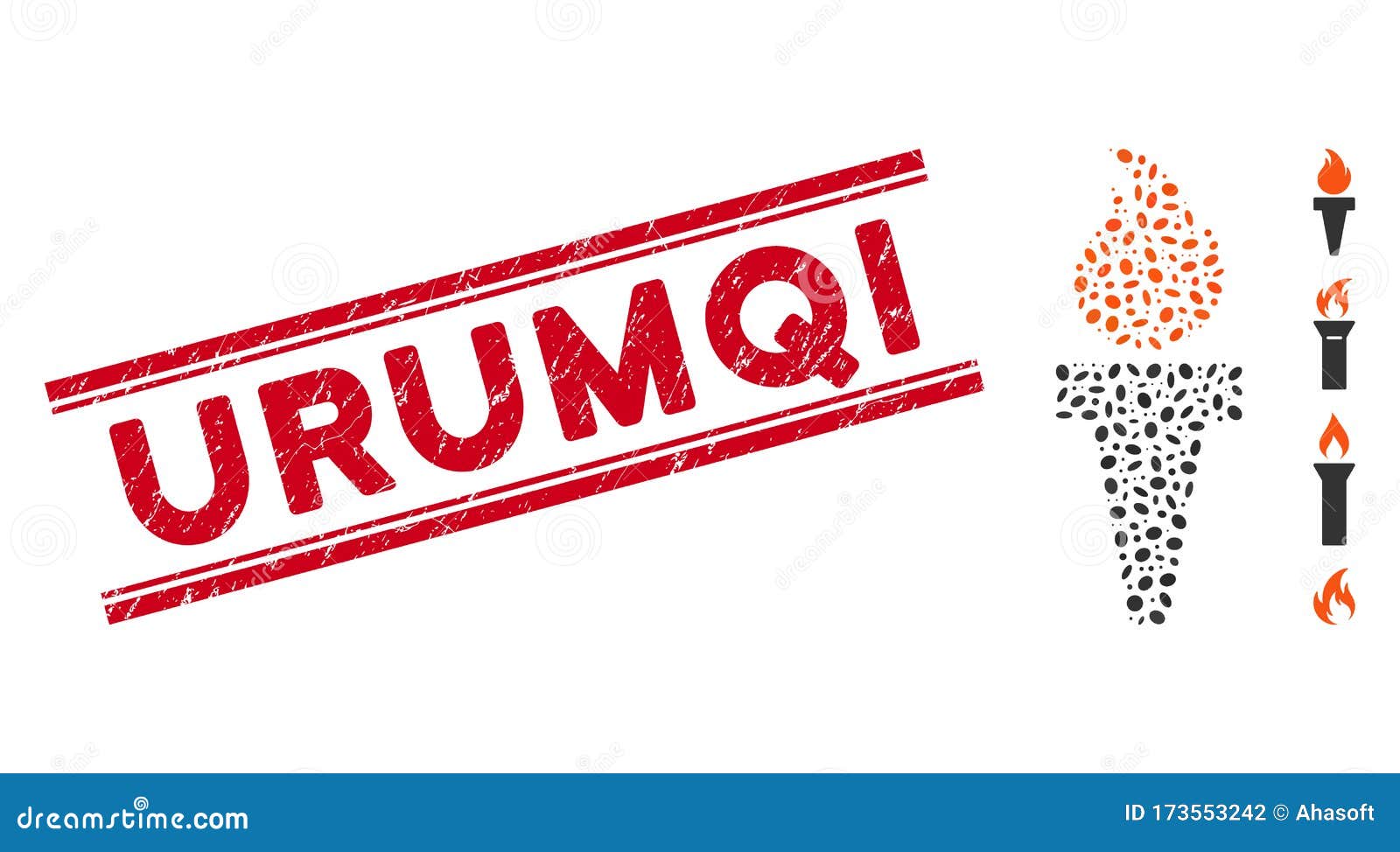 Scratched Urumqi Line Seal and Mosaic Torch Fire Icon Stock ...