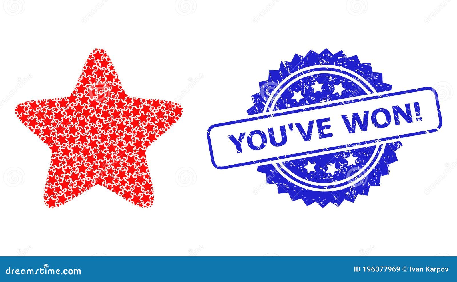 Rubber You`Ve Won! Stamp and Recursive Red Star Icon Collage Stock ...