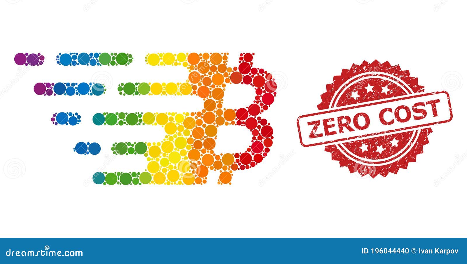Rubber Zero Cost Stamp and Rainbow Bitcoin Symbol Collage Stock Vector ...