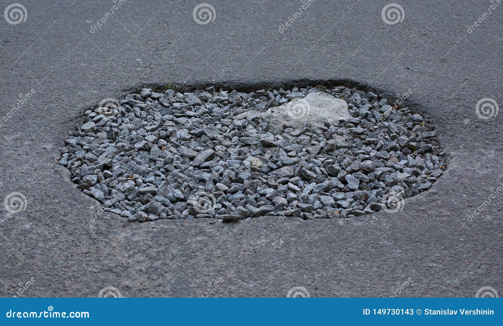Rubble-covered Pothole in the Road Surface Stock Image - Image of ...