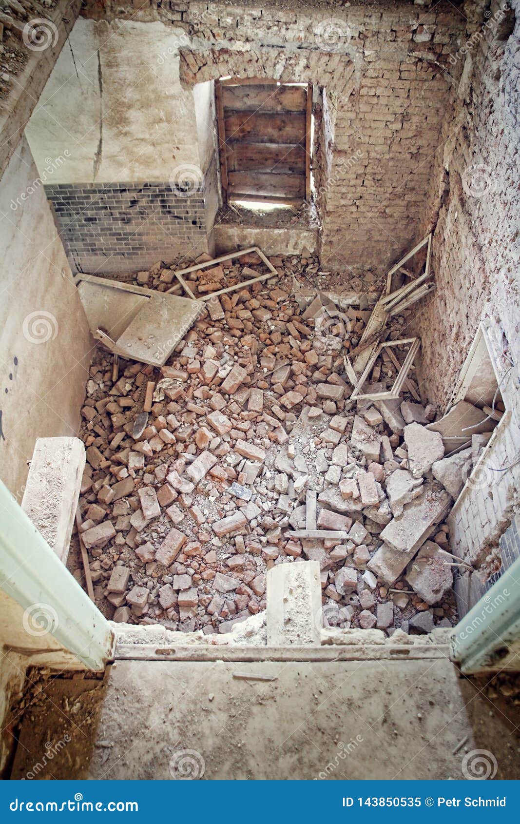 Rubble in an old building stock image. Image of windows - 143850535