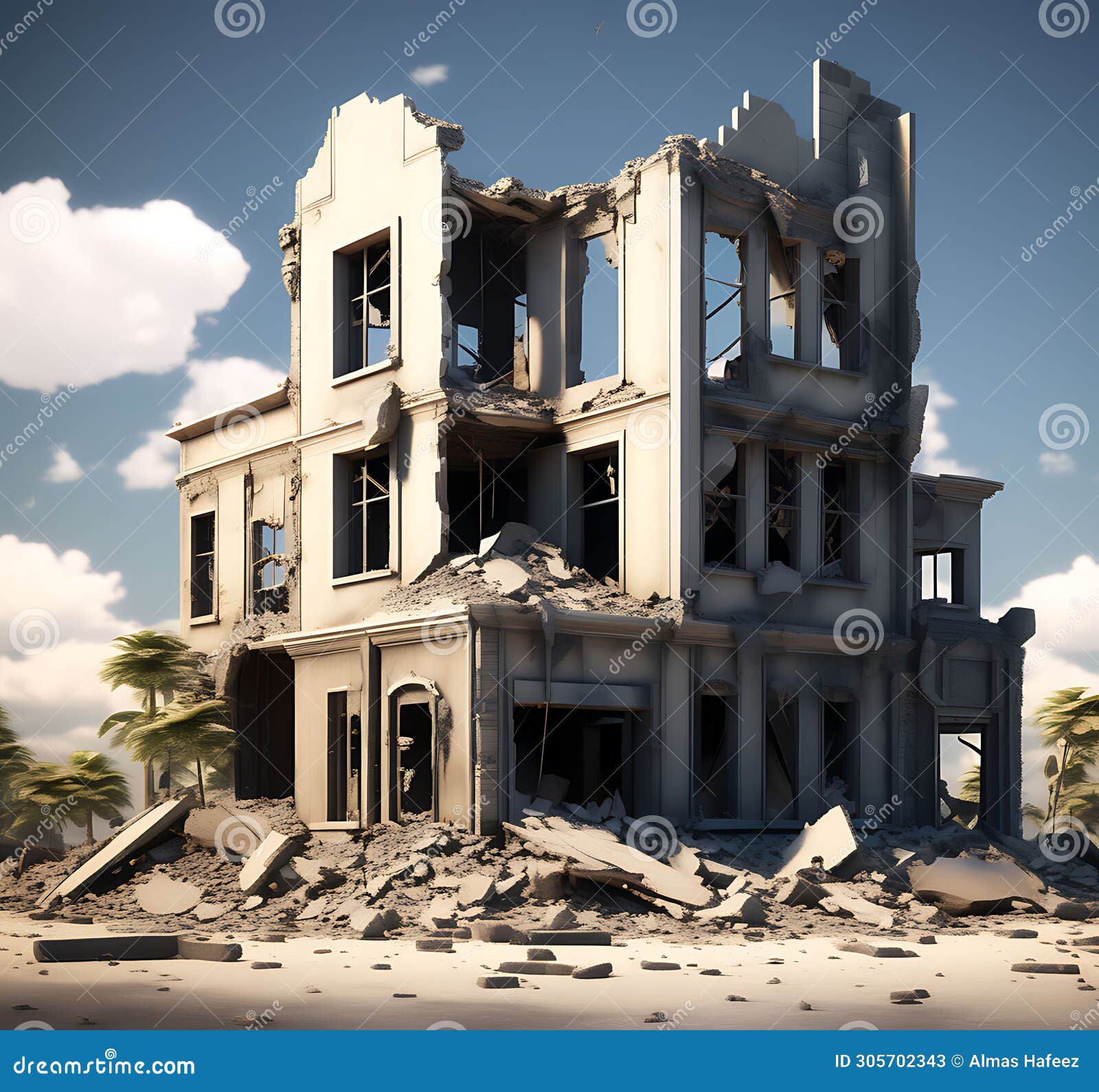 Rubble Resilience: 3D Render of a Destroyed Building on a Solid ...