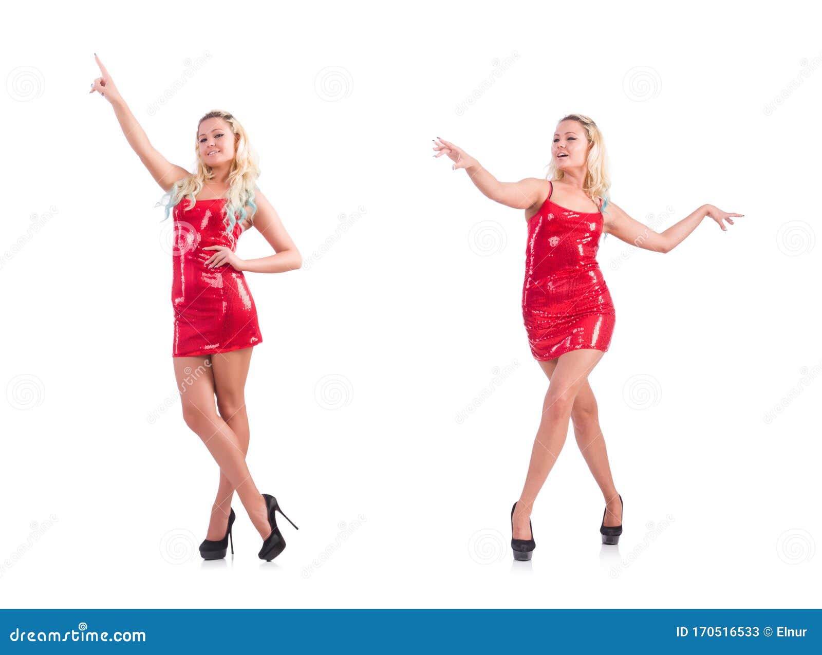 Rubia Con Mini Vestido Rojo Brillante Aislada En Blanco Imagen De