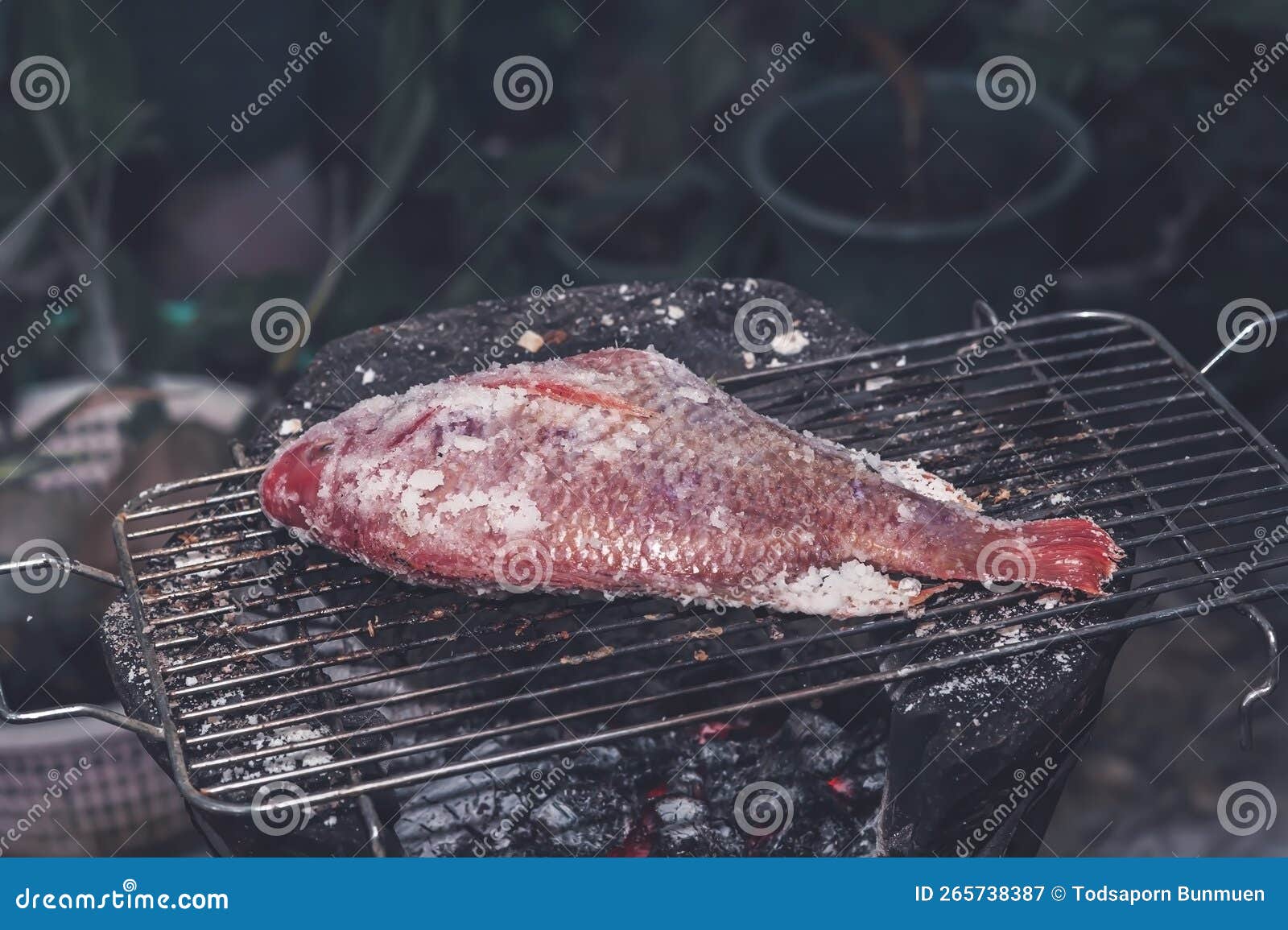 The Ruby Fish is Coated with Salt and Placed on a Charcoal Grill in a ...