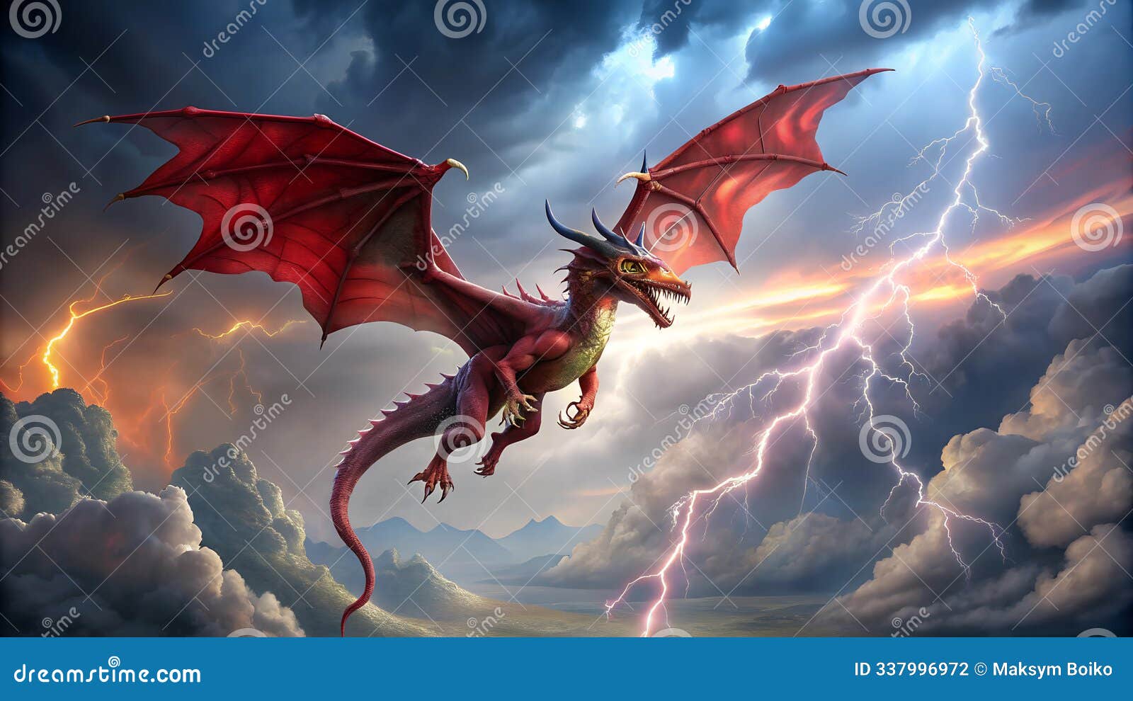 A Ruby Red Dragon in Flight with a Lightning Storm in the Stock ...