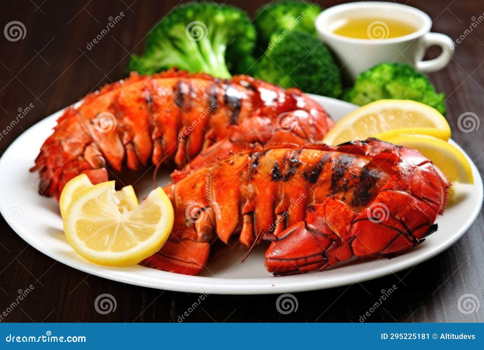 Ruby-red Grilled Lobster Tails with a Side of Steamed Broccoli Stock ...