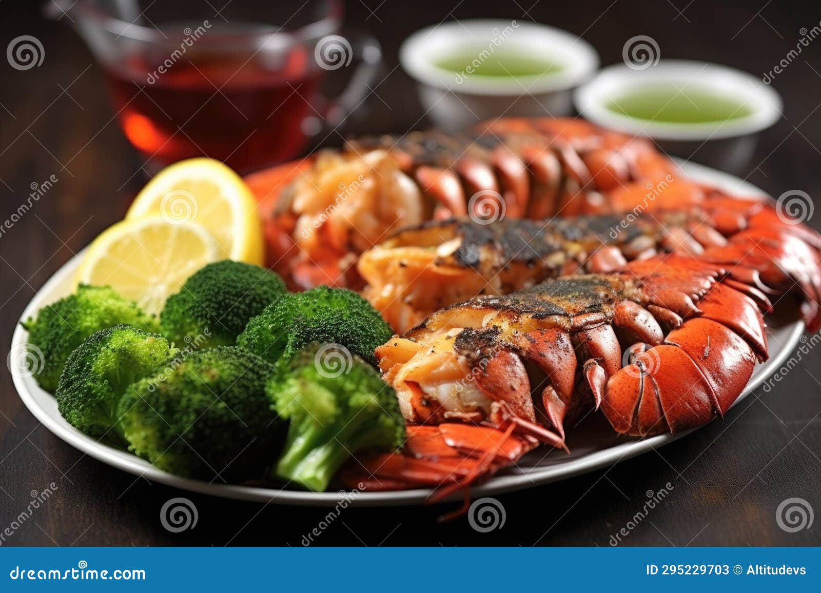 Ruby-red Grilled Lobster Tails with a Side of Steamed Broccoli Stock ...