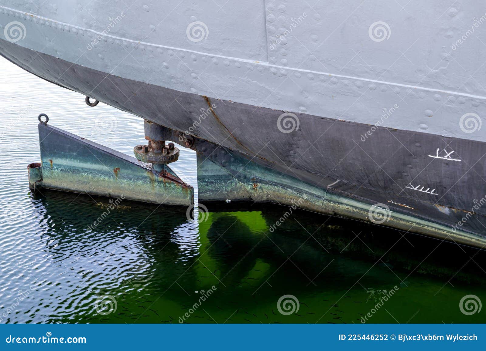 Rudder And Hull Of A Green And Blue Wooden Fishing Boat Stock Image ...