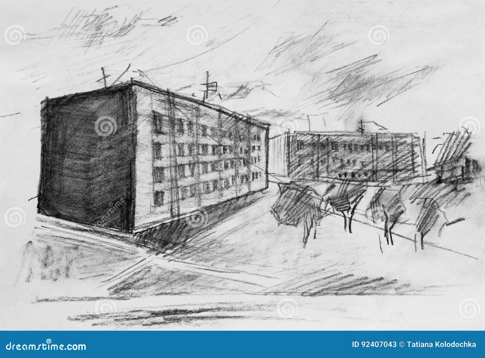 Rue, dessin au crayon illustration stock. Illustration du maison - 92407043