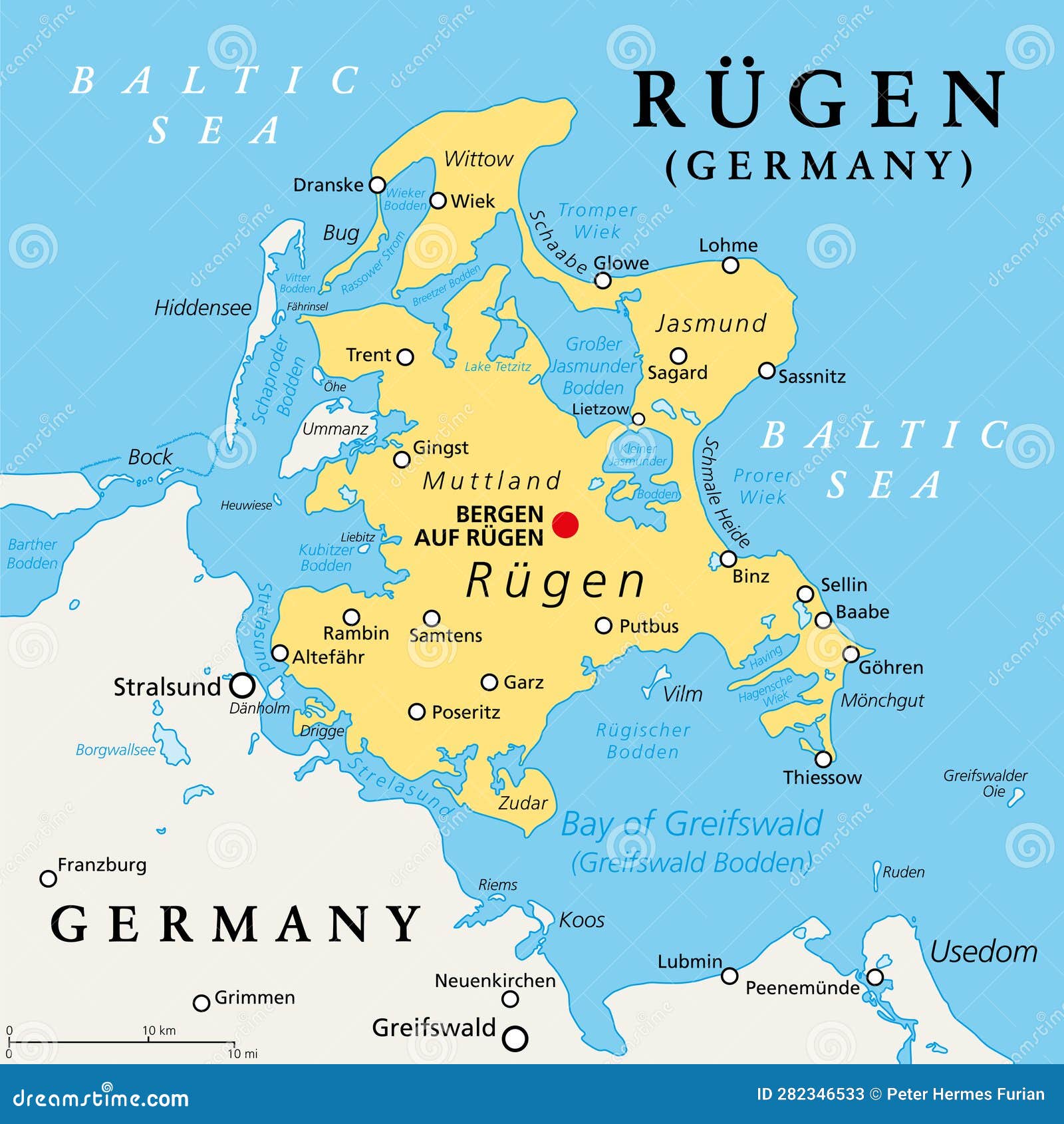 Ruegen or Rugia, the Largest Island of Germany, Political Map Stock ...