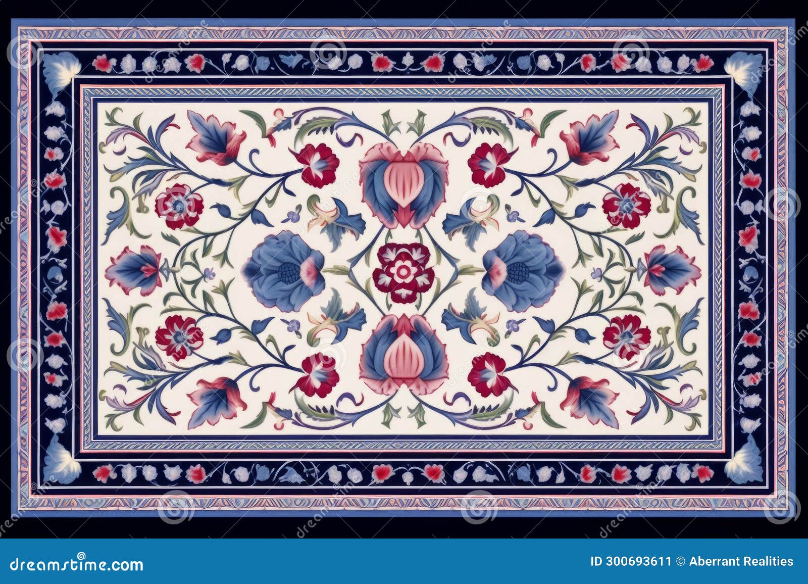 A Rug with Blue Red and White Flowers on a Black Background Stock ...