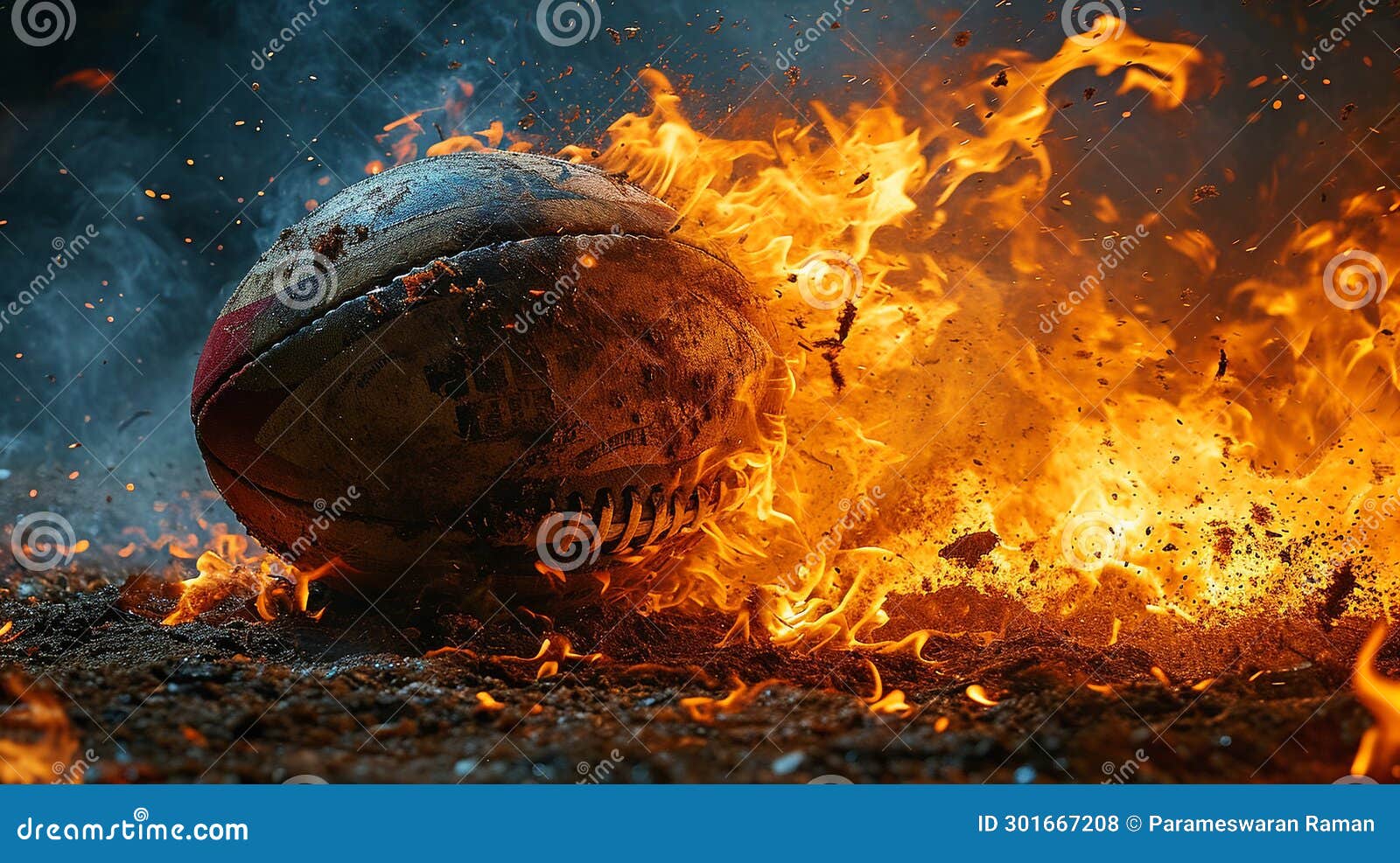 Rugby ball in fire stock illustration. Illustration of match - 301667208