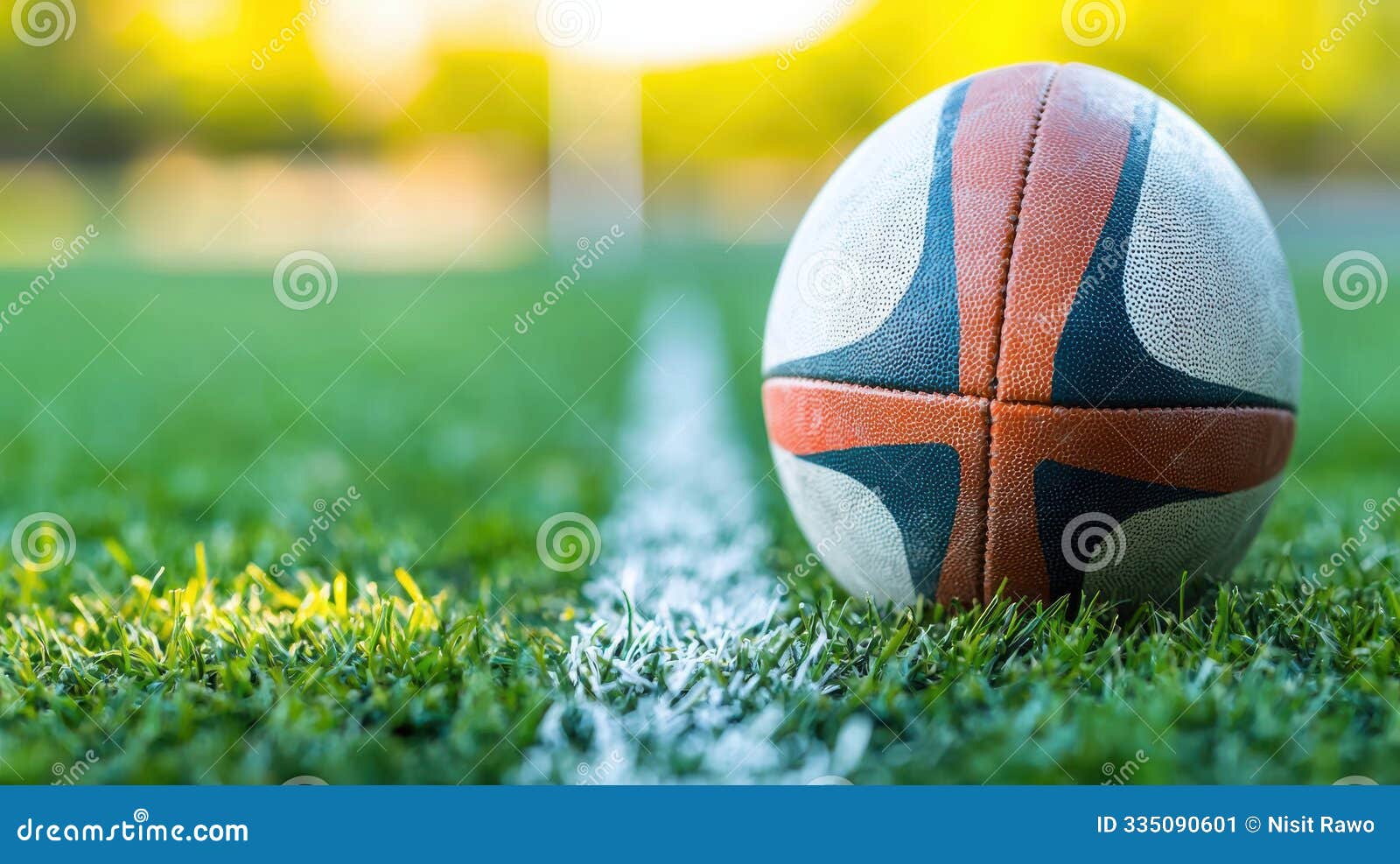 Rugby Ball Positioned on the Field Line, Ready for Kickoff, with Grass ...