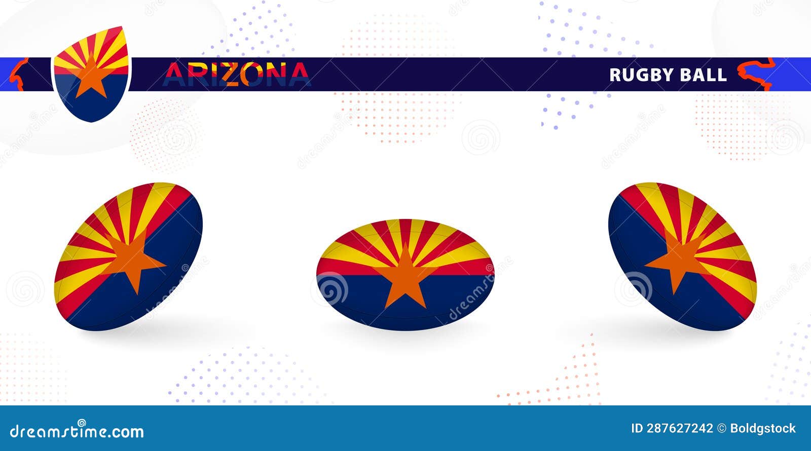 Rugby Ball Set with the Flag of Arizona in Various Angles on Abstract ...