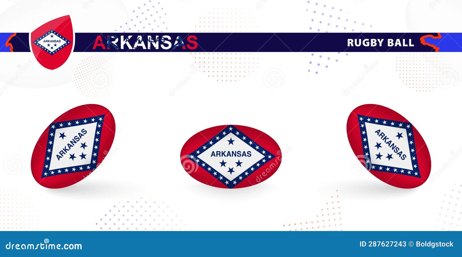 Rugby Ball Set with the Flag of Arkansas in Various Angles on Abstract ...