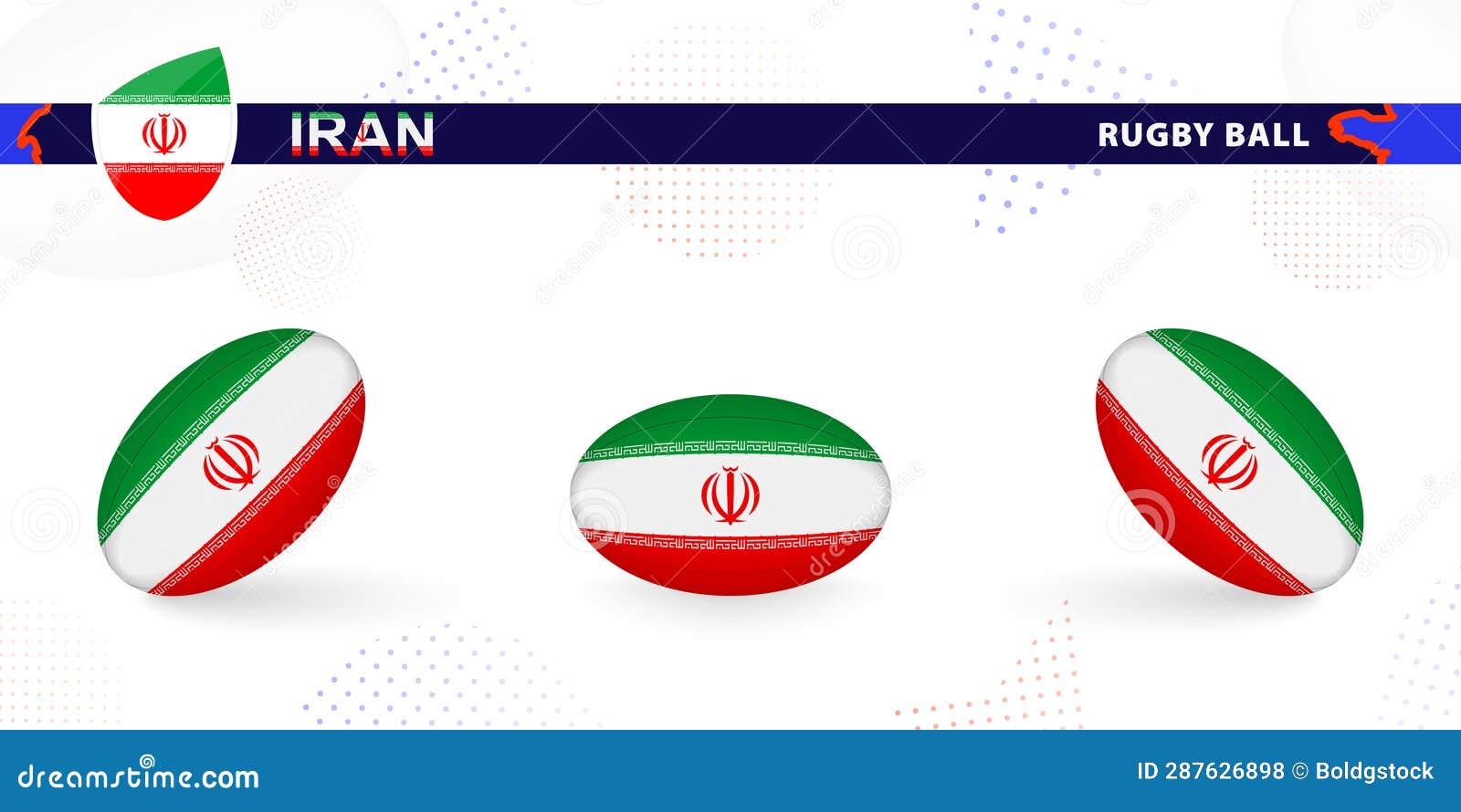 Rugby Ball Set with the Flag of Iran in Various Angles on Abstract ...