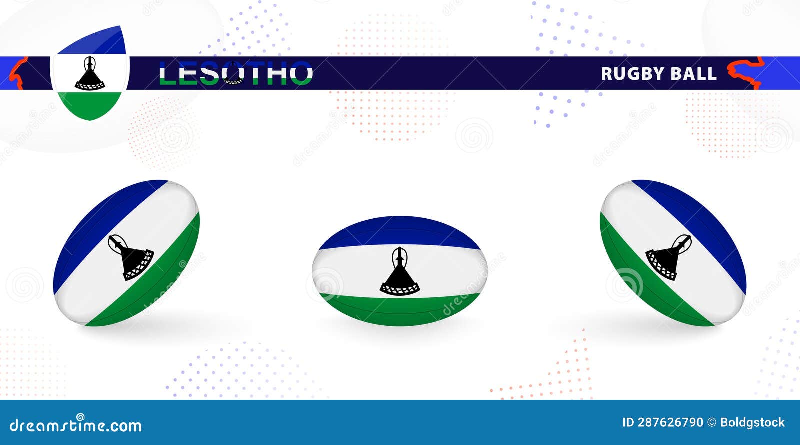 Rugby Ball Set with the Flag of Lesotho in Various Angles on Abstract ...