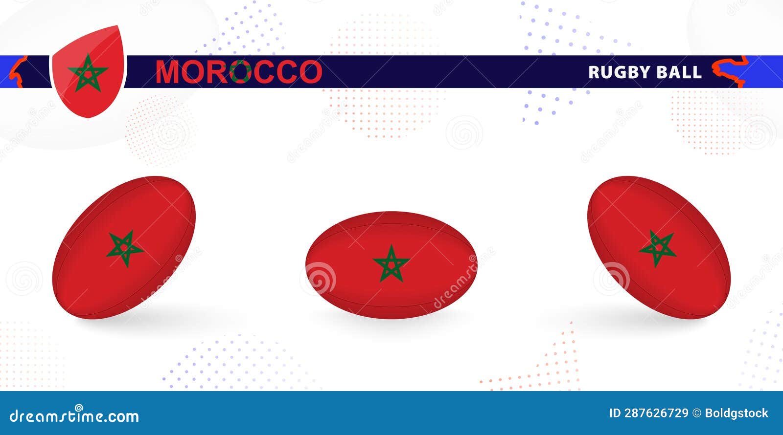Rugby Ball Set with the Flag of Morocco in Various Angles on Abstract ...