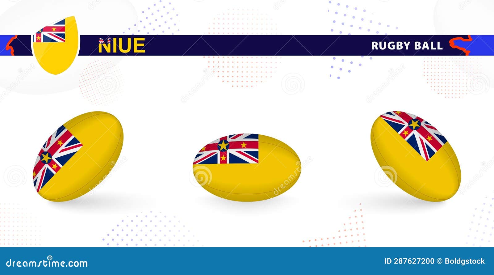 Rugby Ball Set with the Flag of Niue in Various Angles on Abstract ...