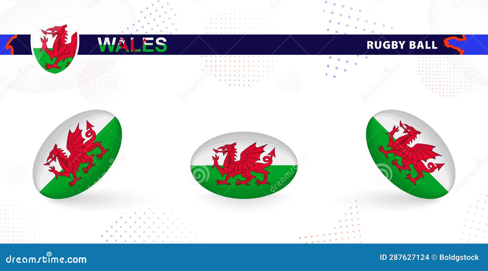 Rugby Ball Set with the Flag of Wales in Various Angles on Abstract ...