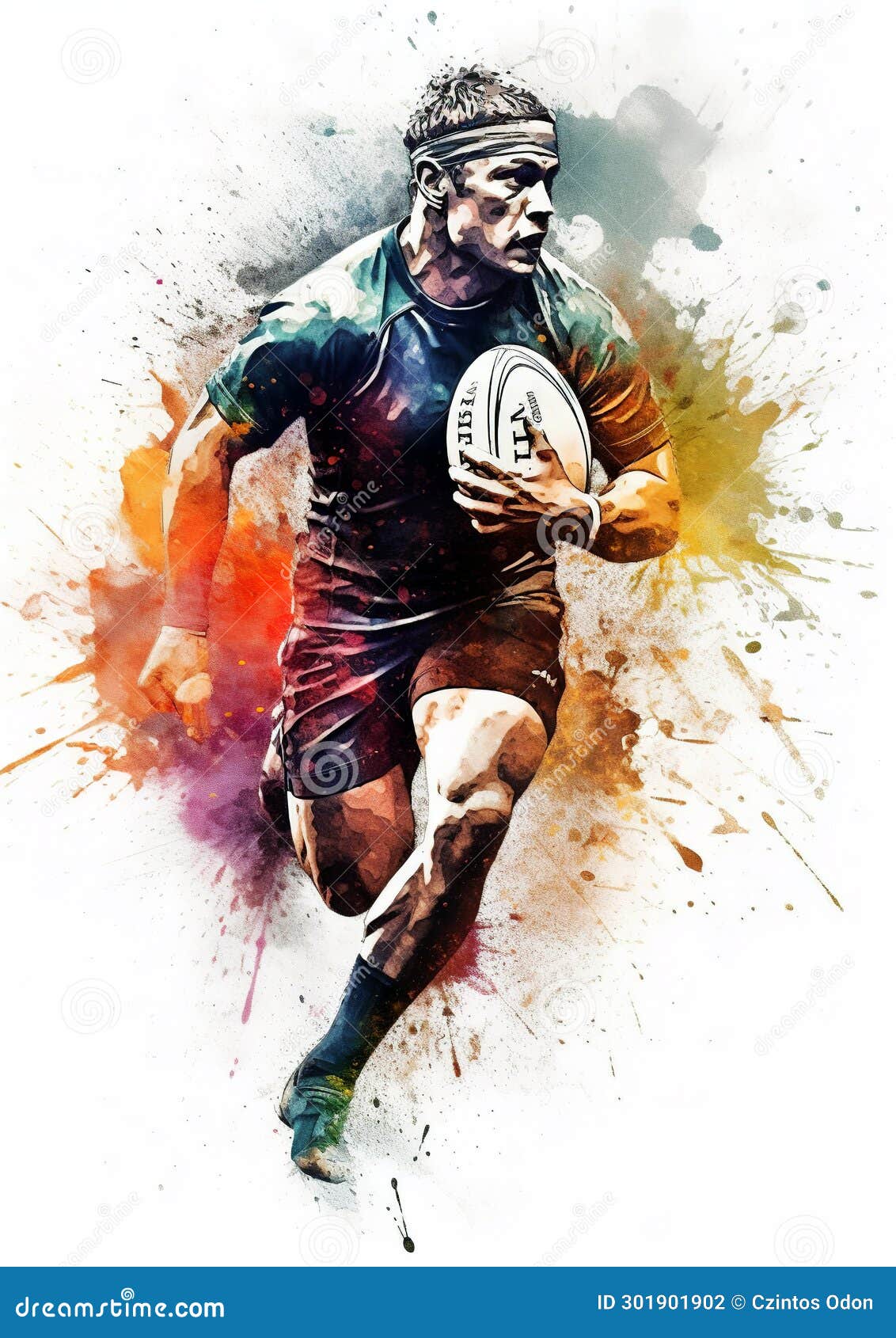 Rugby Player in Action with Colorful Paint Splash, Isolated on White ...