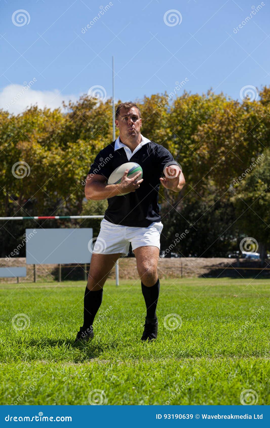 Rugby Player Playing on Field Against Trees Stock Image - Image of ball ...