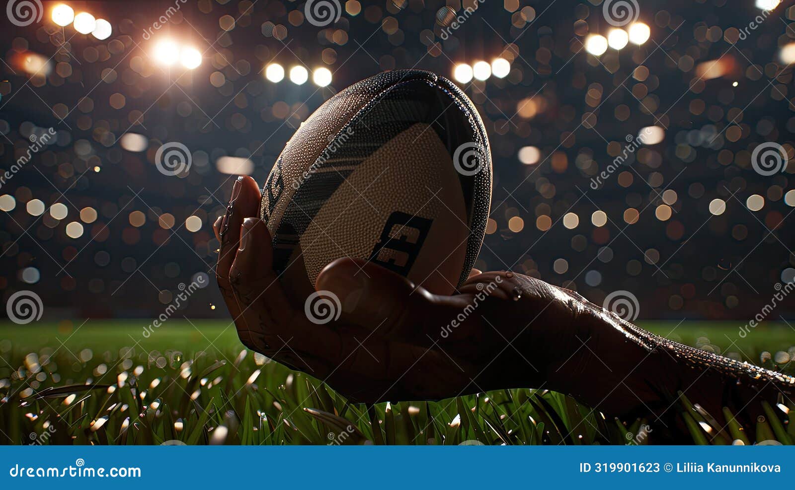 A Rugby Player S Hand Gripping a Rugby Ball on Green Grass Inside a ...