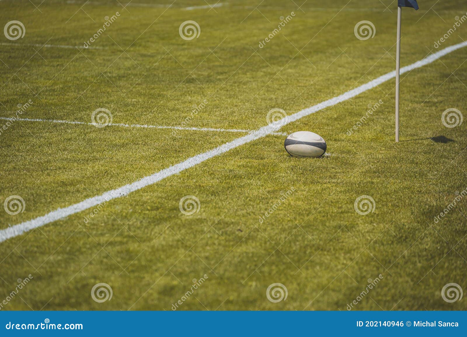 Rugby Playground with Ball and Flag Stock Photo - Image of positioning ...
