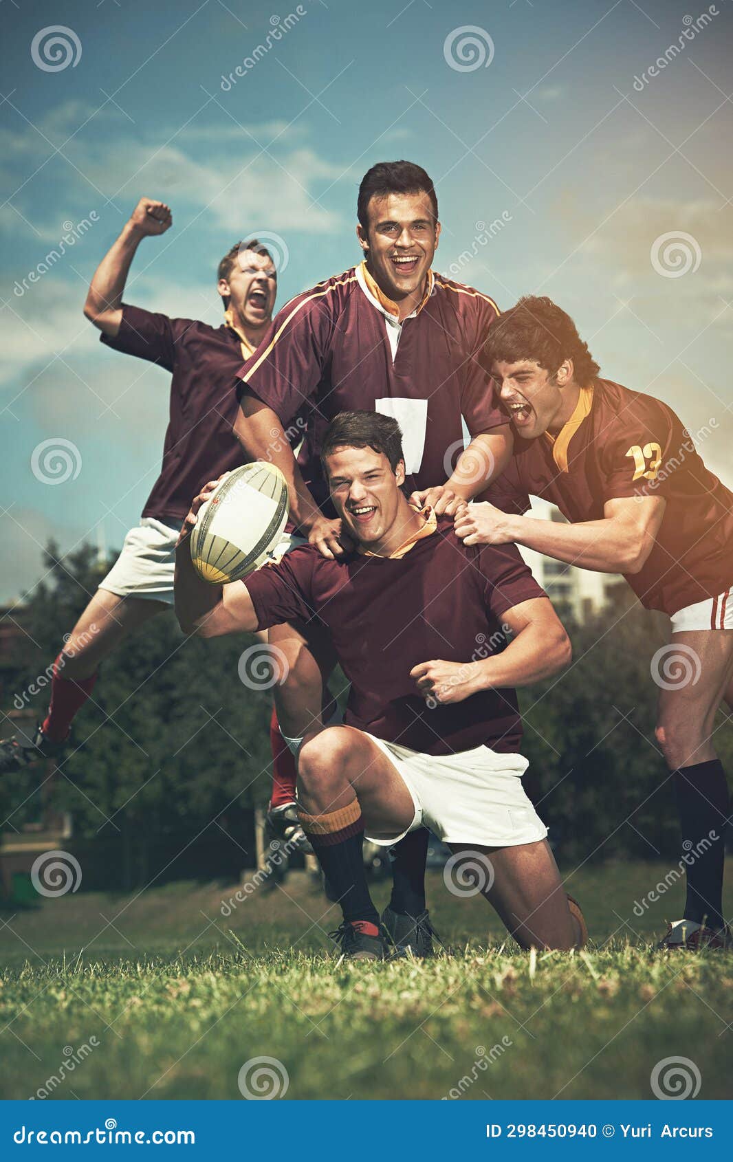 Rugby, Support and Teamwork with Winner and People on Field for ...