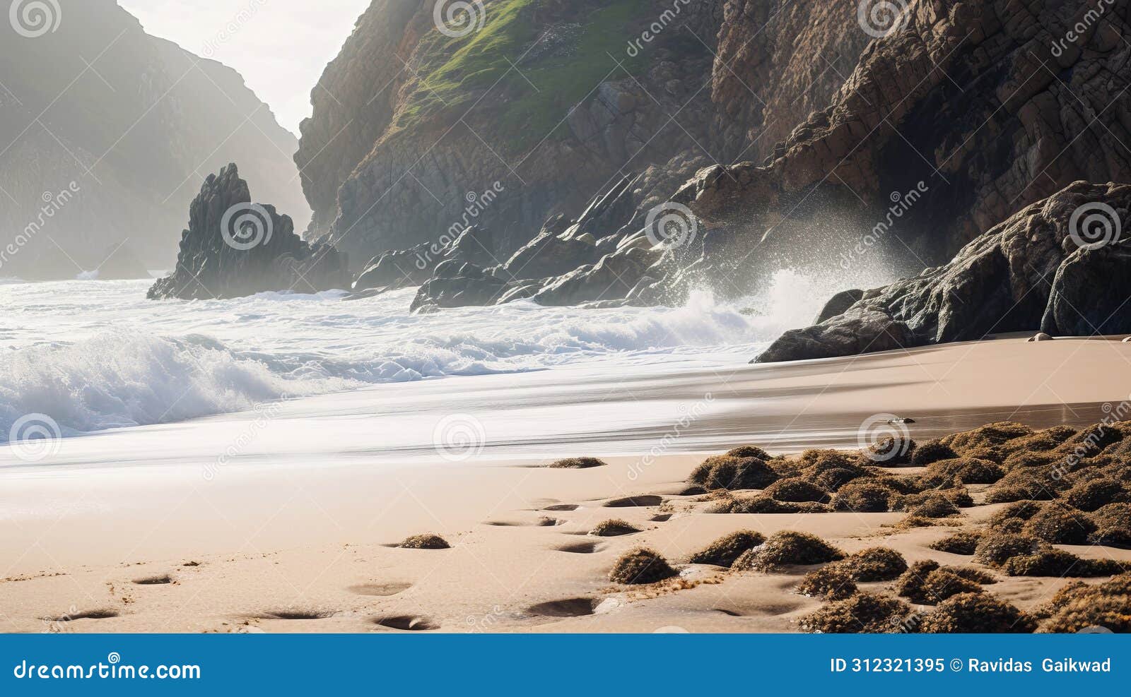 Rugged Cliffs and Crashing Waves at a Secluded Beach Scene Stock ...