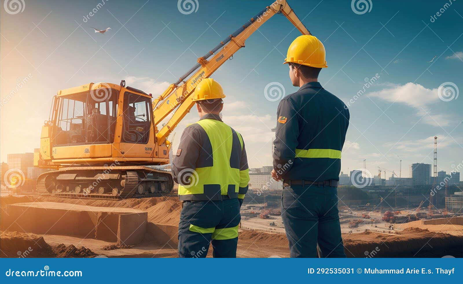 Rear View of Construction Worker Watching Excavator Hauling Earth at ...