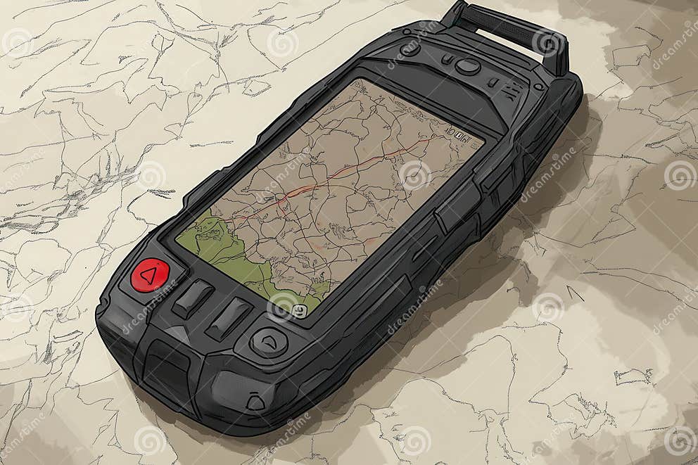 A Rugged Handheld GPS Device Displaying a Topographical Map Stock ...