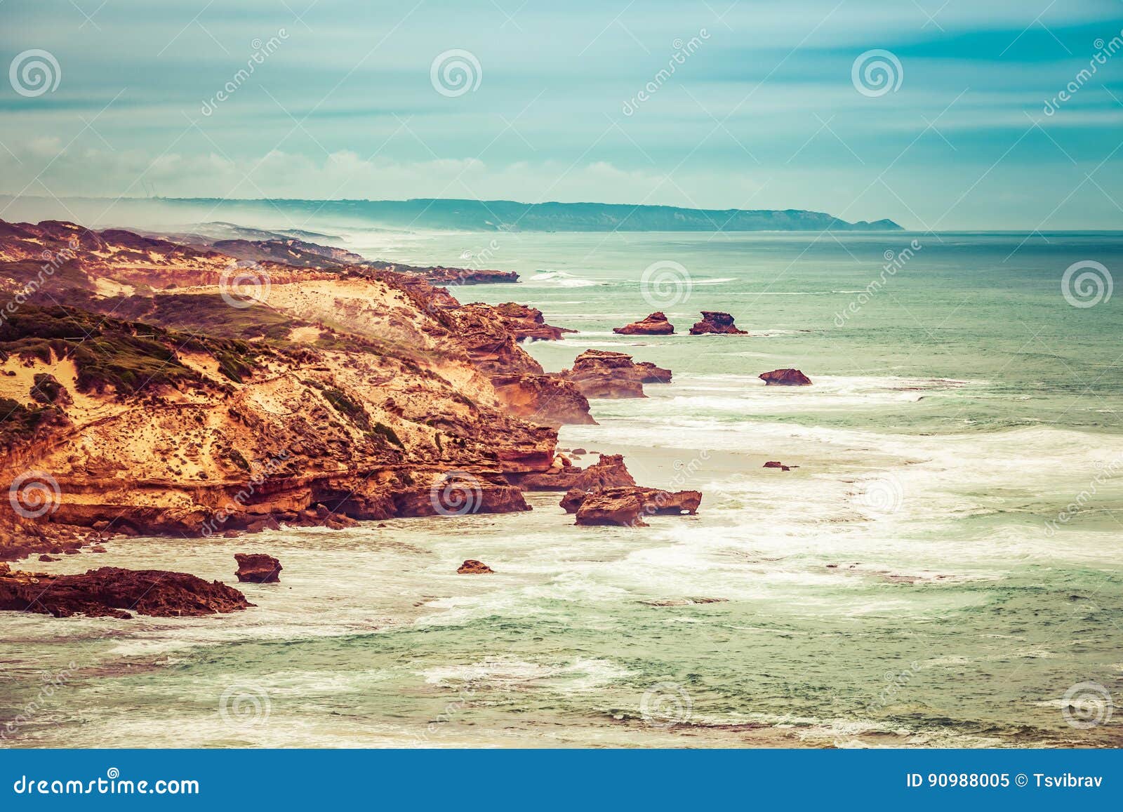 Rugged Ocean Coastline with Eroded Rocks and Breaking Waves. Stock ...