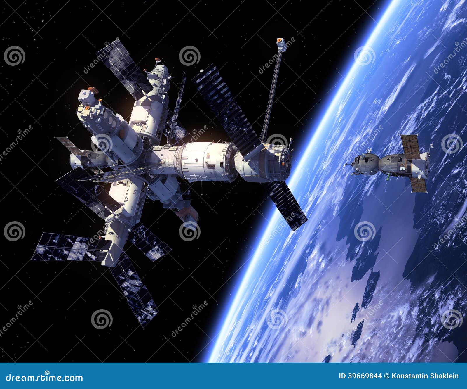 Ruimtevaartuig Soyuz En Ruimtestation. Stock Illustratie - Illustration ...