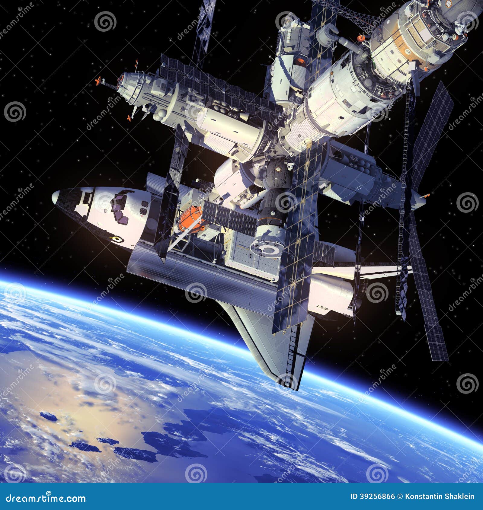 Ruimteveer En Ruimtestation. Stock Illustratie - Illustration of wolken ...