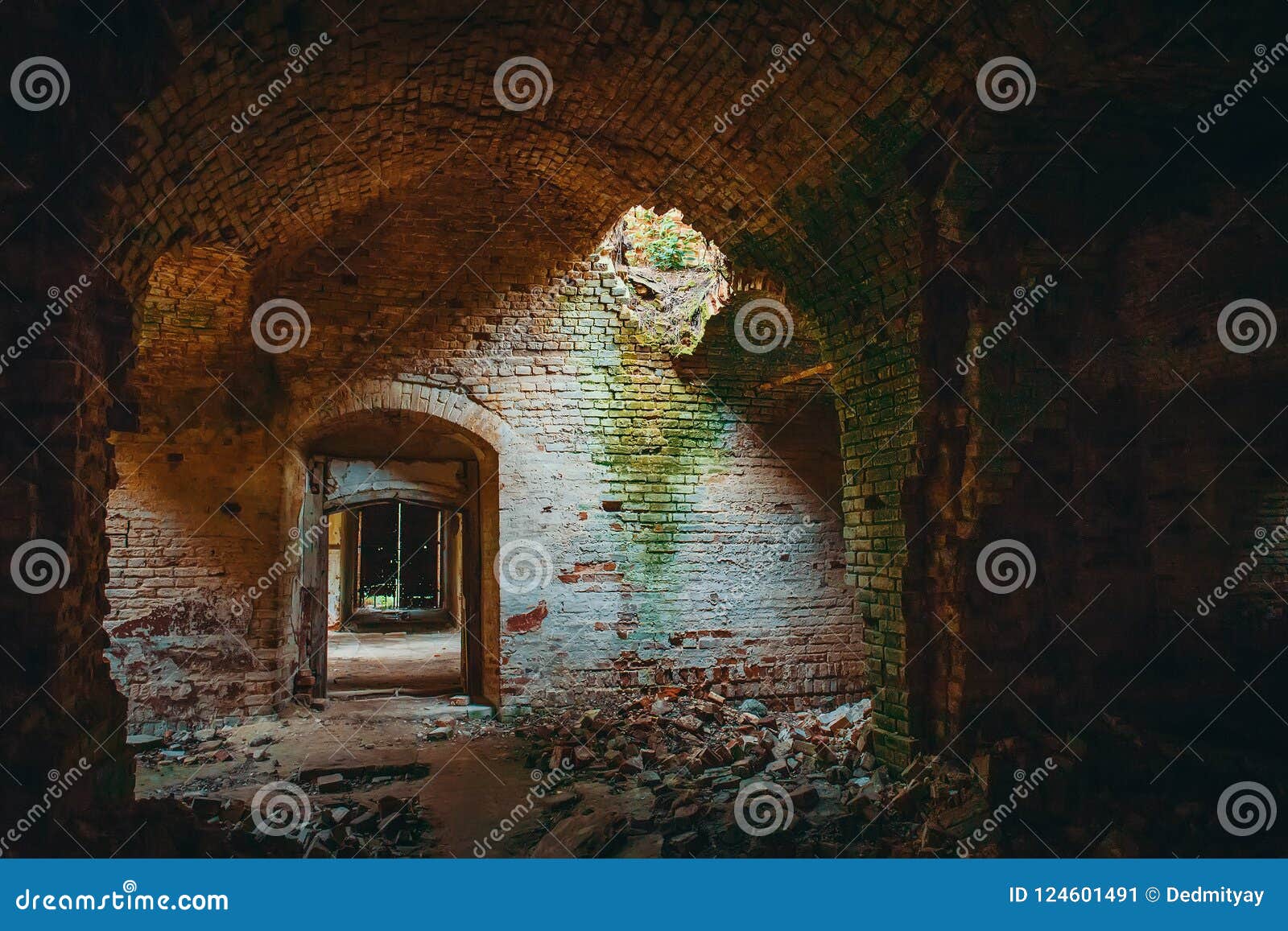 Ruined Ancient Brick Temple Inside Interior with Doors, Corridors and ...