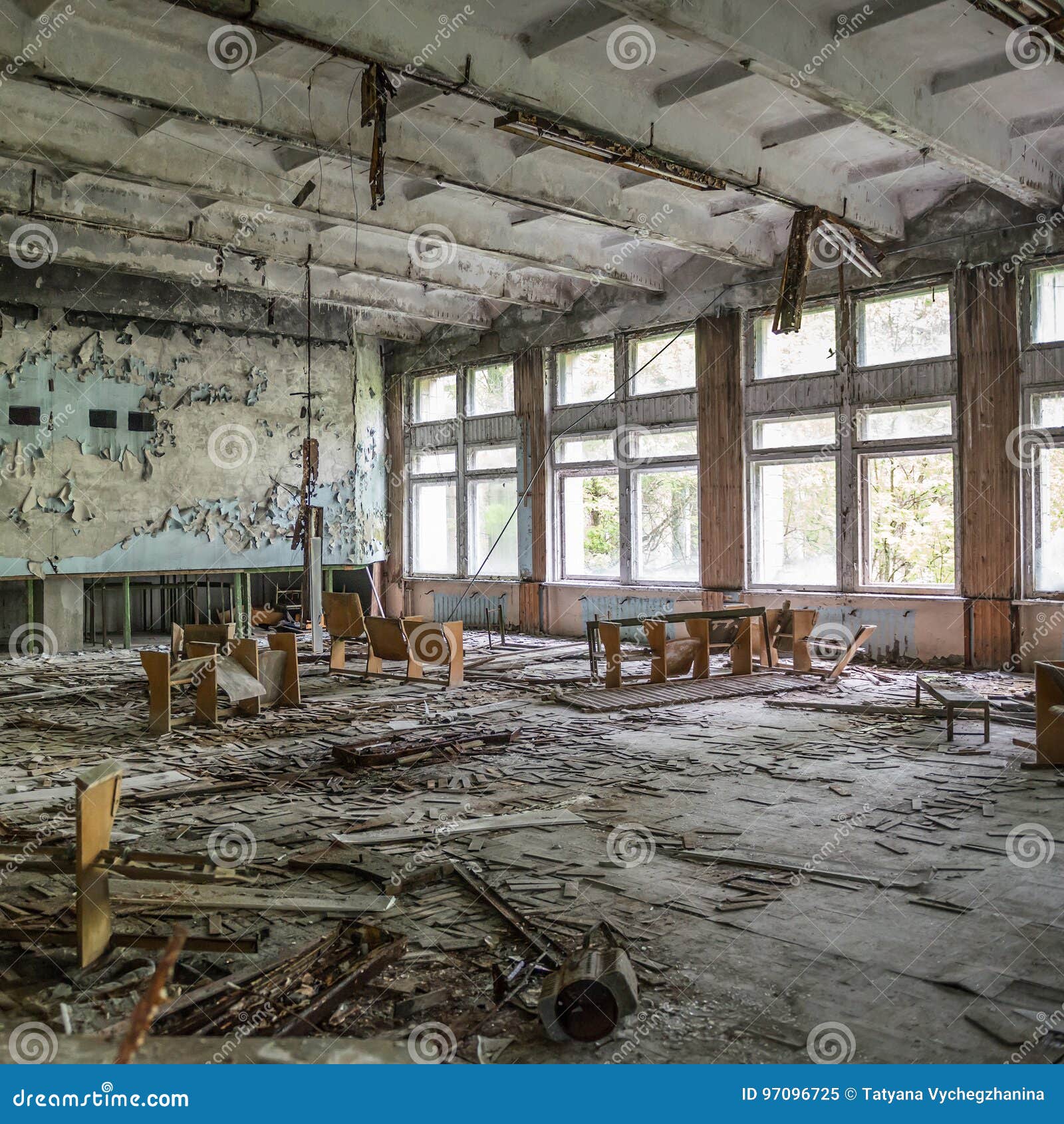 Ruined Assembly Hall with Debris in Abandoned Pripyat School Stock ...