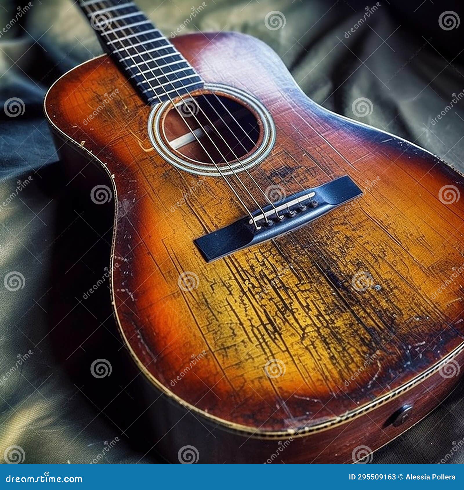 A Ruined Broken Acoustic Guitar Abandoned on a Stage Stock Illustration ...