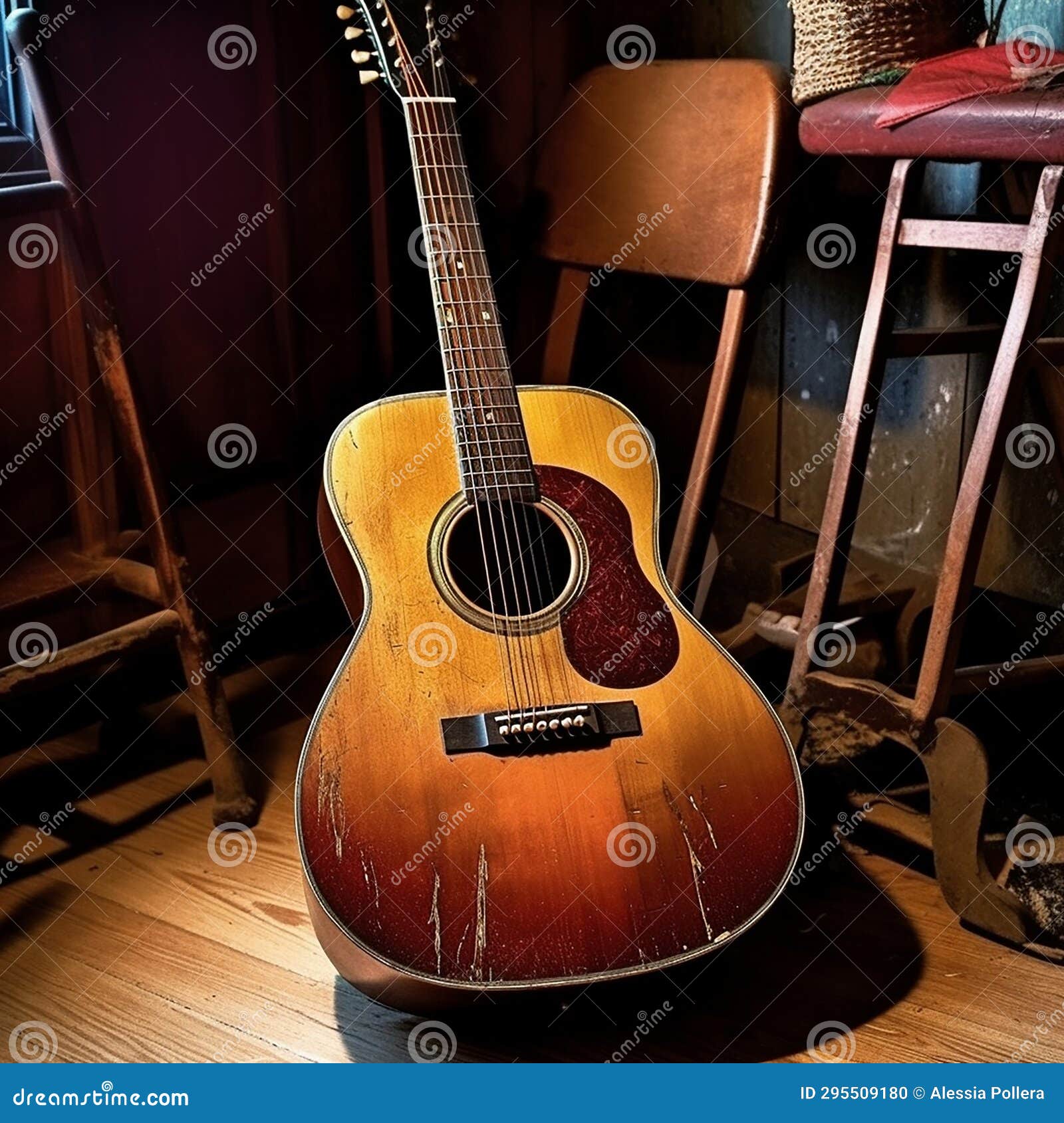A Ruined Broken Acoustic Guitar Abandoned on a Stage Stock Illustration ...