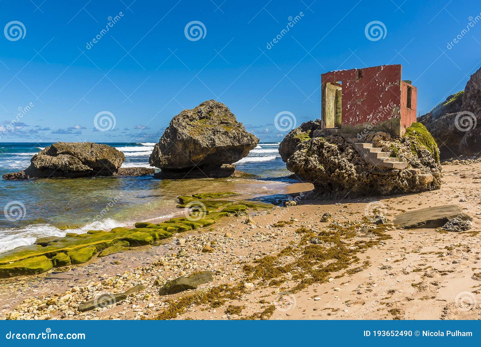 A Ruined Building on a Wave-cut Boulder on the Shore of Bathsheba Beach ...