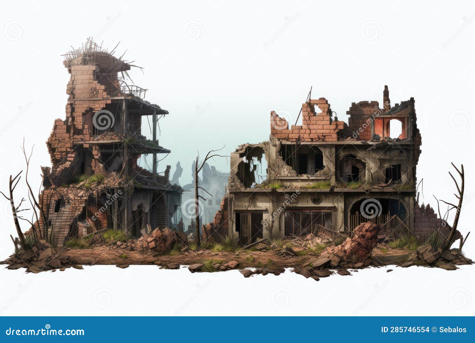 A Ruined Buildings Isolated on White Background Stock Illustration ...