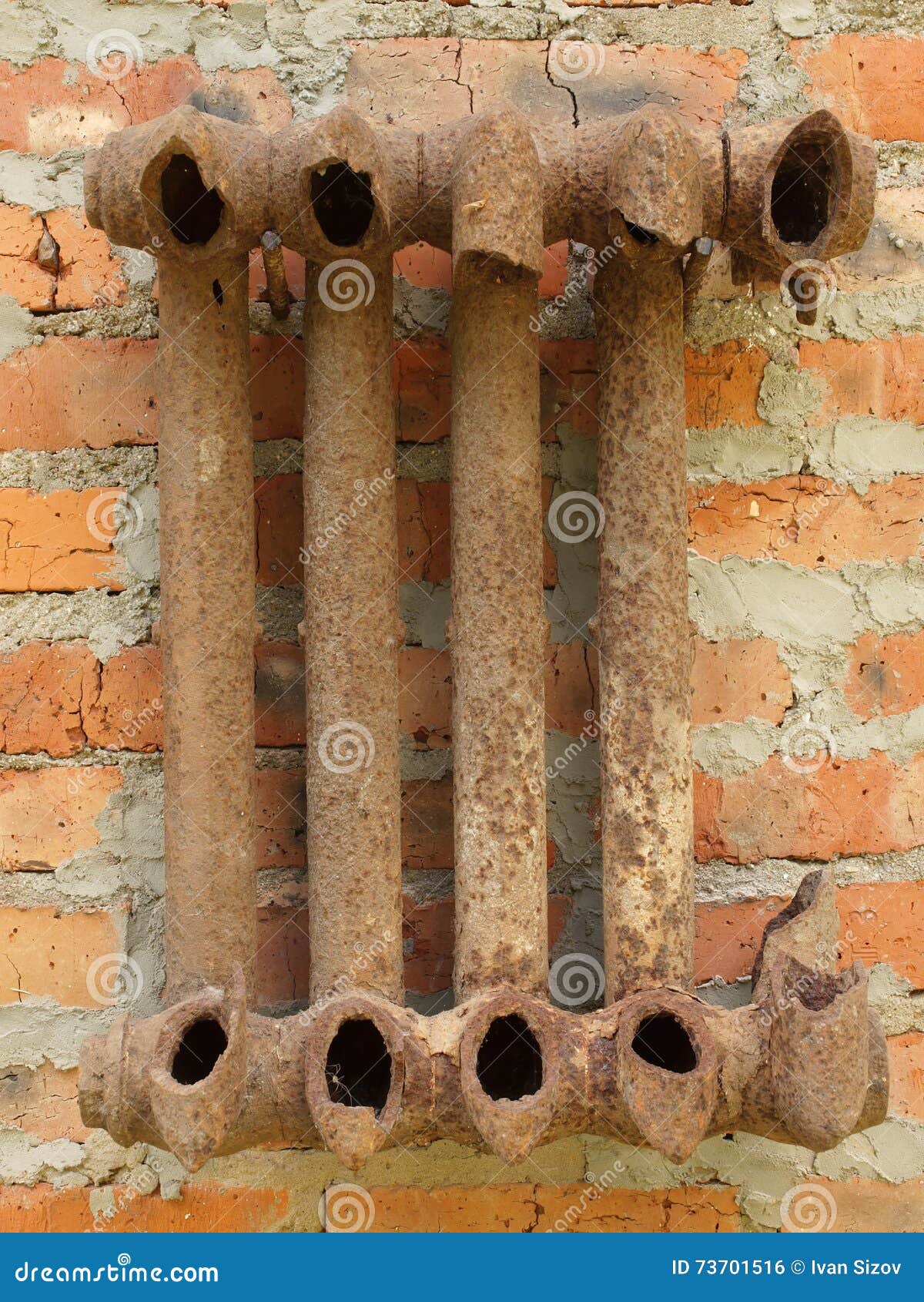Ruined Cast Iron Radiator for Home on a Brick Wall. Stock Photo - Image ...