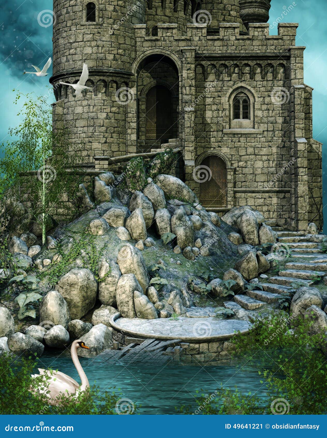 Ruined castle by a lake stock illustration. Illustration of ruined ...